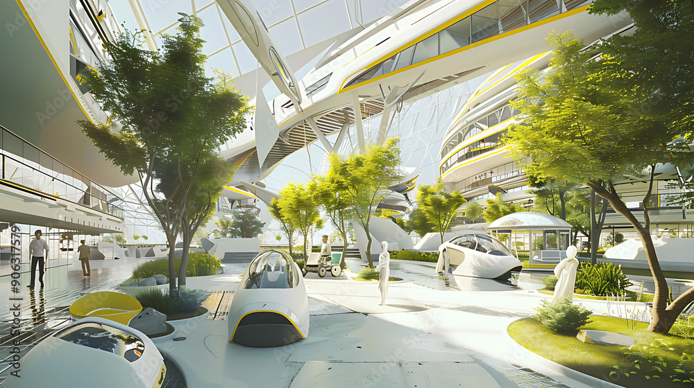 Futuristic city designed with universal design principles providing ...