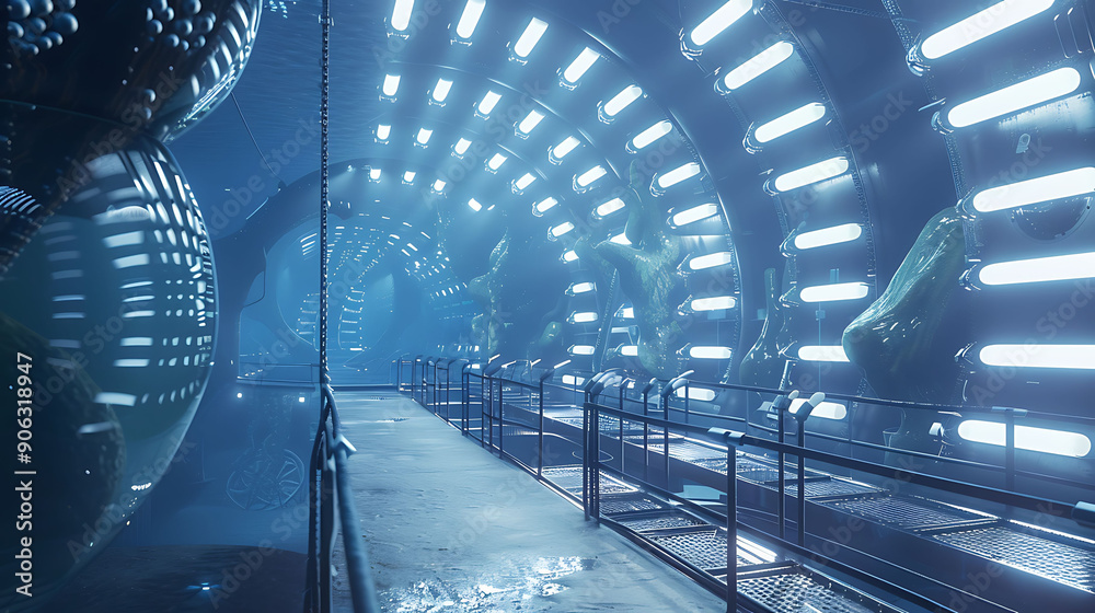 Futuristic genetics lab underwater where scientists study the effects ...
