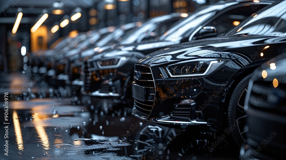 Black sedan cars standing in a row Fleet of generic modern cars ...