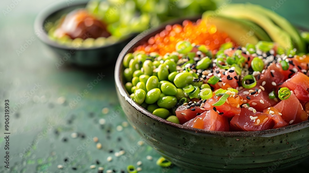 Side view of a vibrant poke bowl with tuna avocado and edamame Served ...