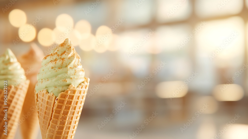 Gelato cones, variety of flavors, served in crispy wafers, quaint ...