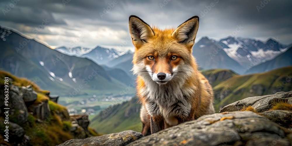 Angry fox glaring in rugged mountain landscape, wild, predator ...