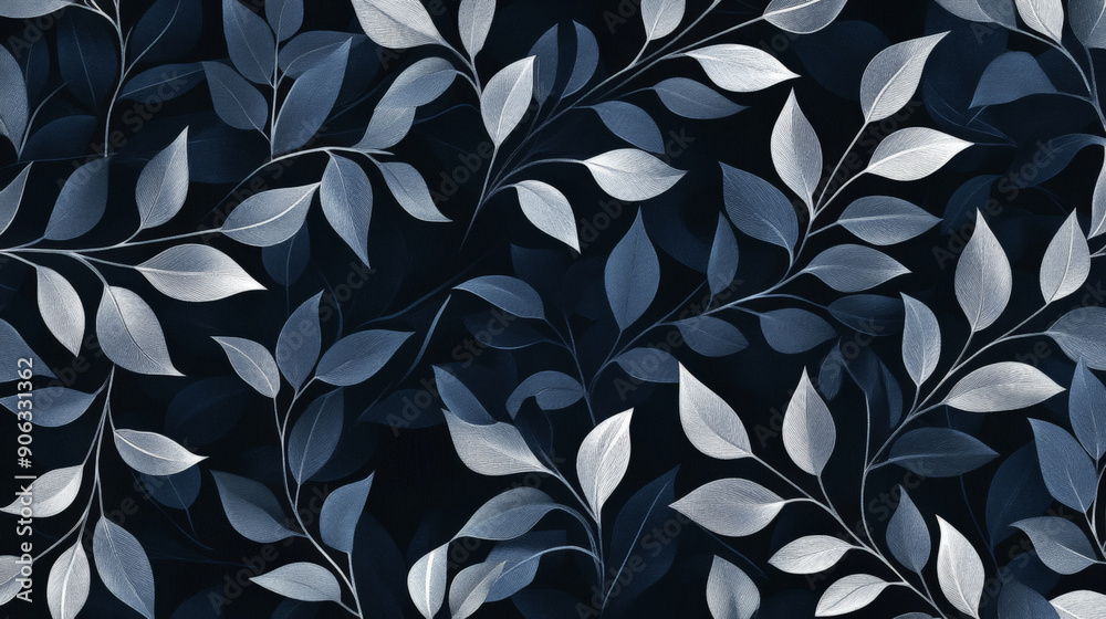 Elegant pattern design with platinum leaves on a midnight black ...