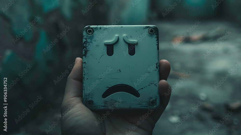 Hand holding sadness or unhappy face and low battery Low energy no ...