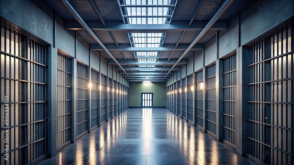 Empty prison corridor with bars on the windows and dim lighting ...