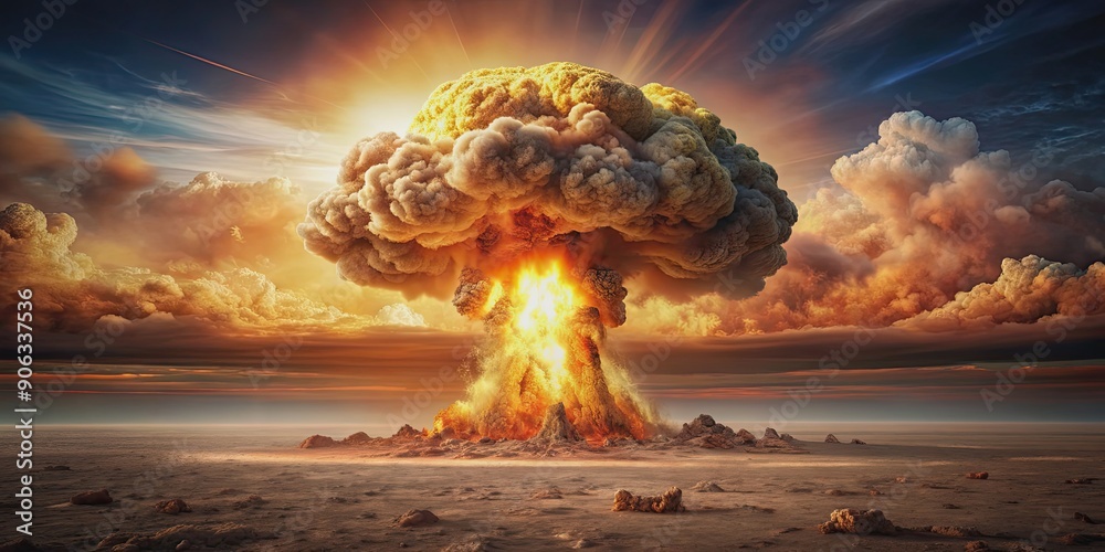 Explosion of an atom bomb with fire, dust, and smoke on background ...