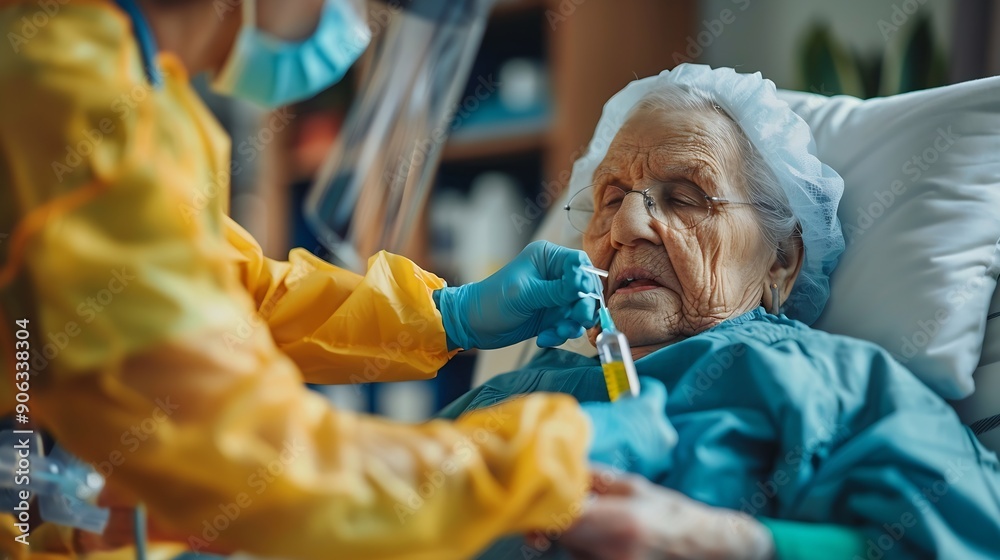 Young friendly nurse man or caregiver help sick senior elderly woman ...