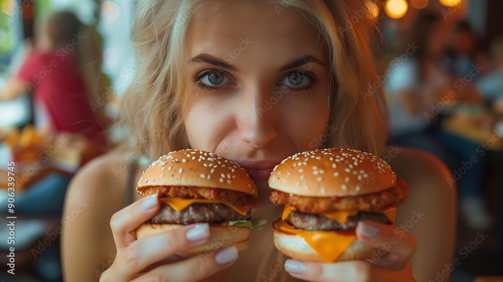 unhealthy woman eating fast food burgers fried chicken donuts and ...