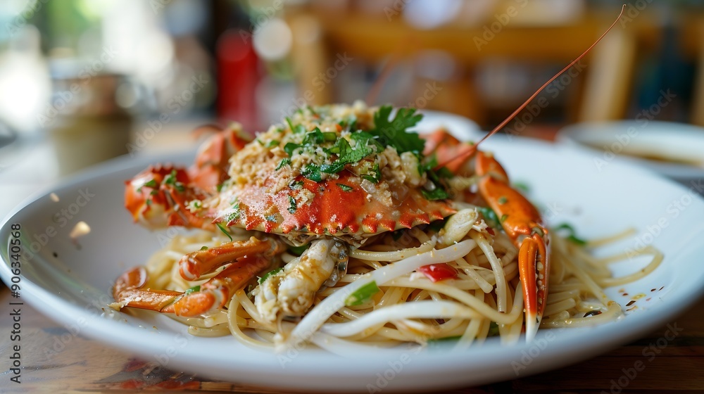 Thai style green curry coconut creamy spaghetti deep fried soft shell ...