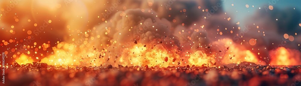 Place engulfed in heat and alarm, fierce flames and smoke highlighting ...