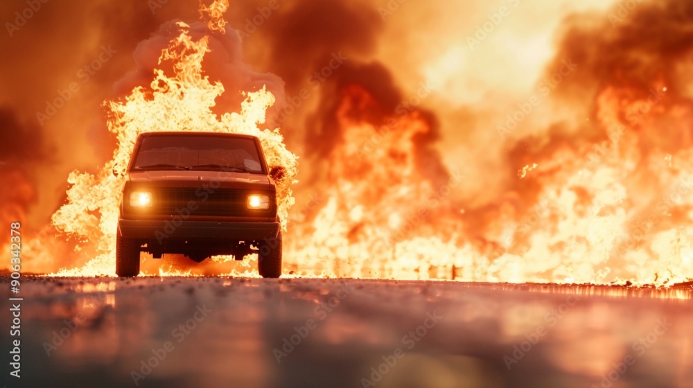 Inferno erupting from vehicle wreckage, intense flames and smoke ...
