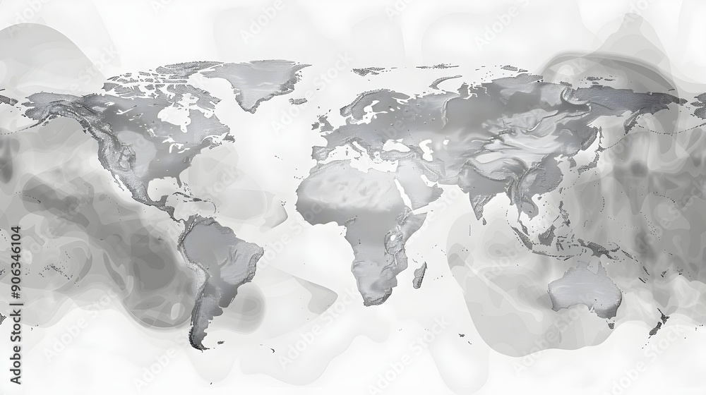 A grayscale world map, minimalist yet detailed, portraying global ...