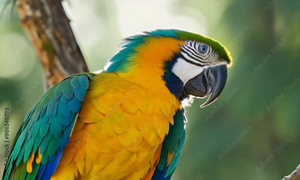 Full body of colorful yellow and blue feather parrot sitting on dry ...