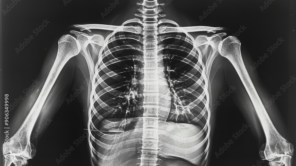 X-ray image of a human chest and spine, displaying detailed bone ...