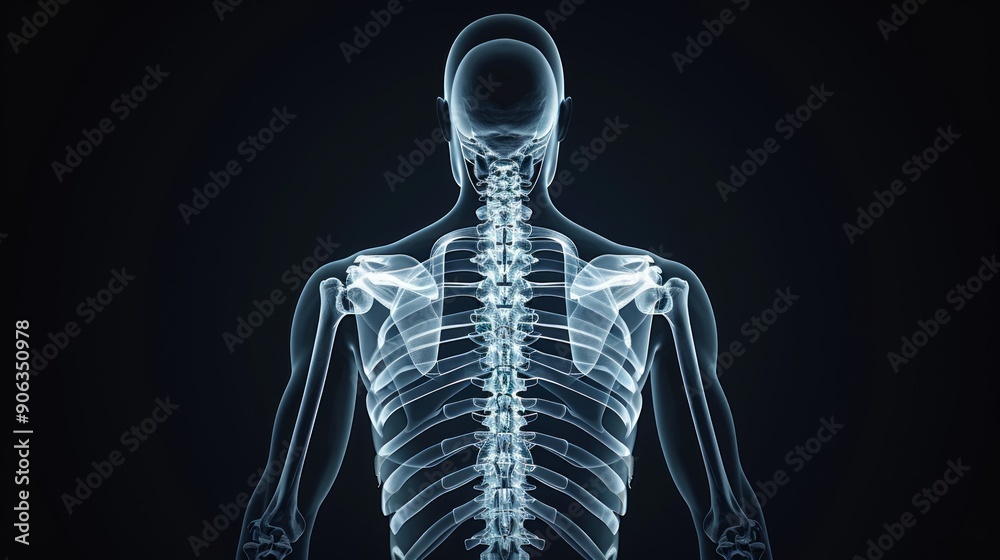 X-ray Image of Human Thoracic Skeleton Featuring Spinal Column and Rib ...