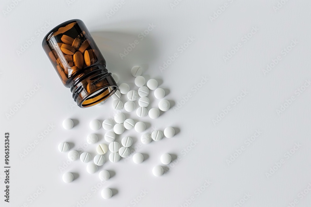 White pills spilling out of a bottle on a white background, in a top ...