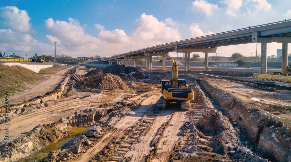 Construction industrial earthworks landscaping on highway bridge ramp ...