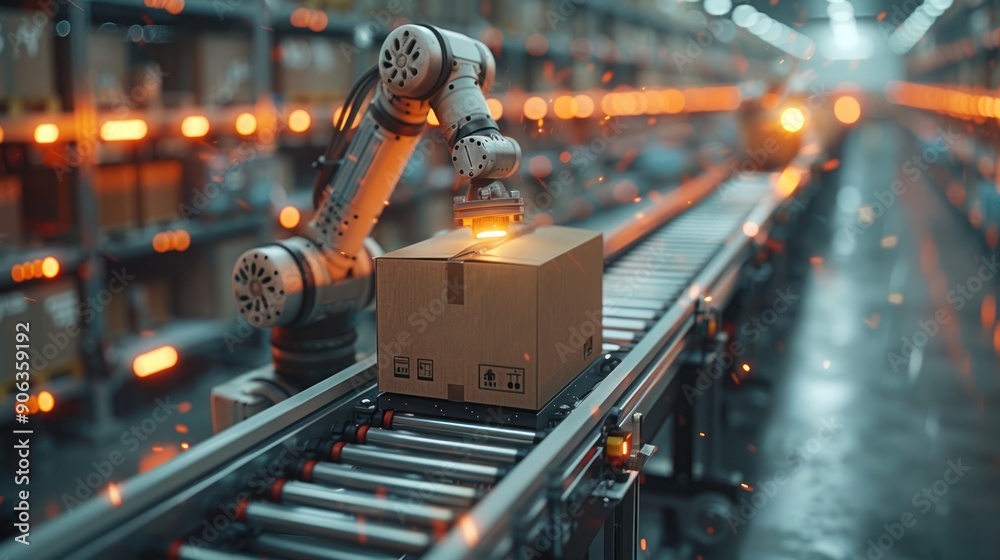 industrial robot arm grabbing the cardboard box, A robot arm grabs a ...