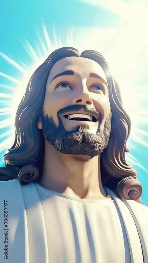 jesus christ face smiling with halo and rays of light cartoon style ...