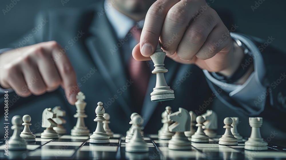 Dynamic photograph of a businessman making a decisive chess move ...