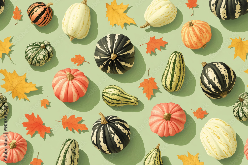 pattern of pumpkins and gourds and autumn leaves in various sizes on a ...