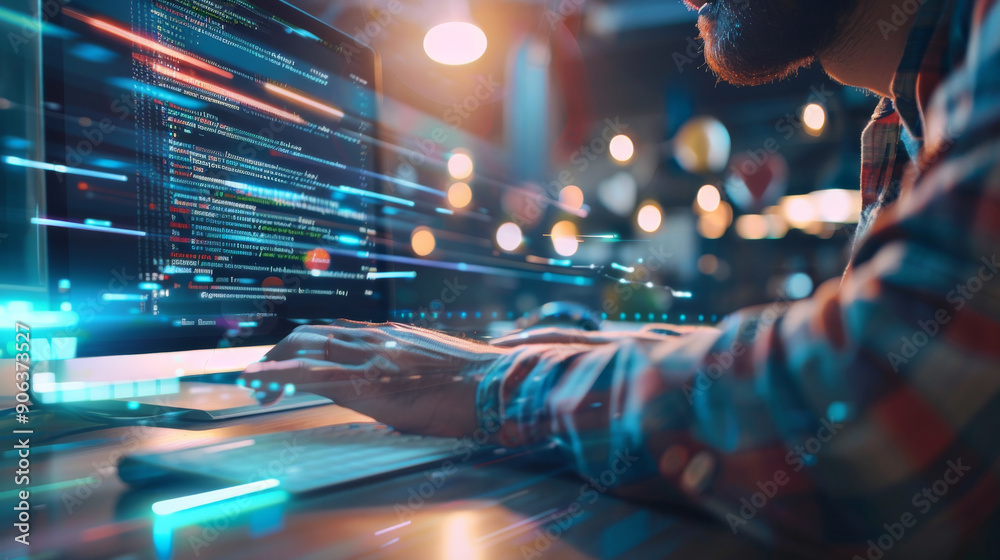 A programmer is intensely coding on a computer, surrounded by floating neon code lines ...