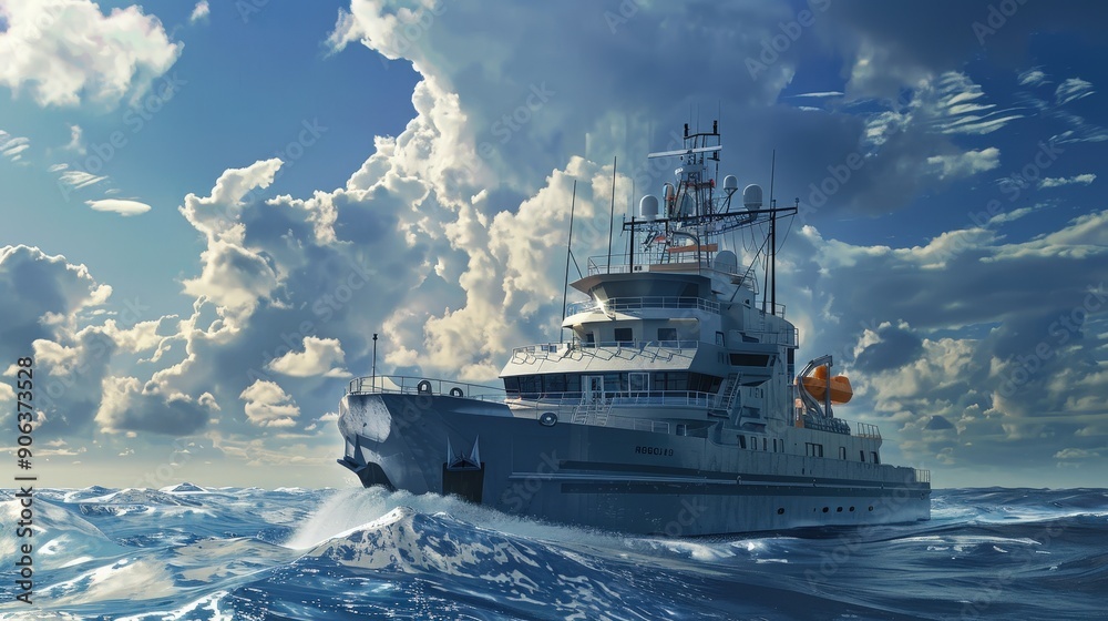 A modern research vessel equipped with advanced oceanographic ...