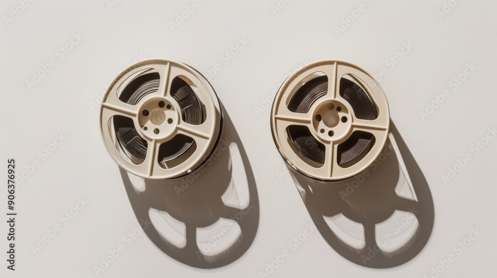Two vintage film reels cast long shadows on a stark white background ...