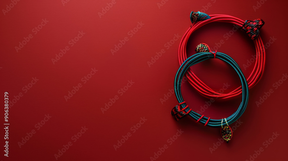 Two coiled guitar strings, one red and one green, laying elegantly ...