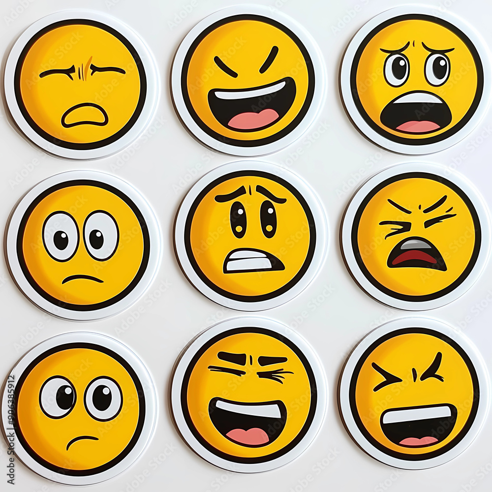 set of smileys with emotions, set of variety of yellow emoji faces with ...