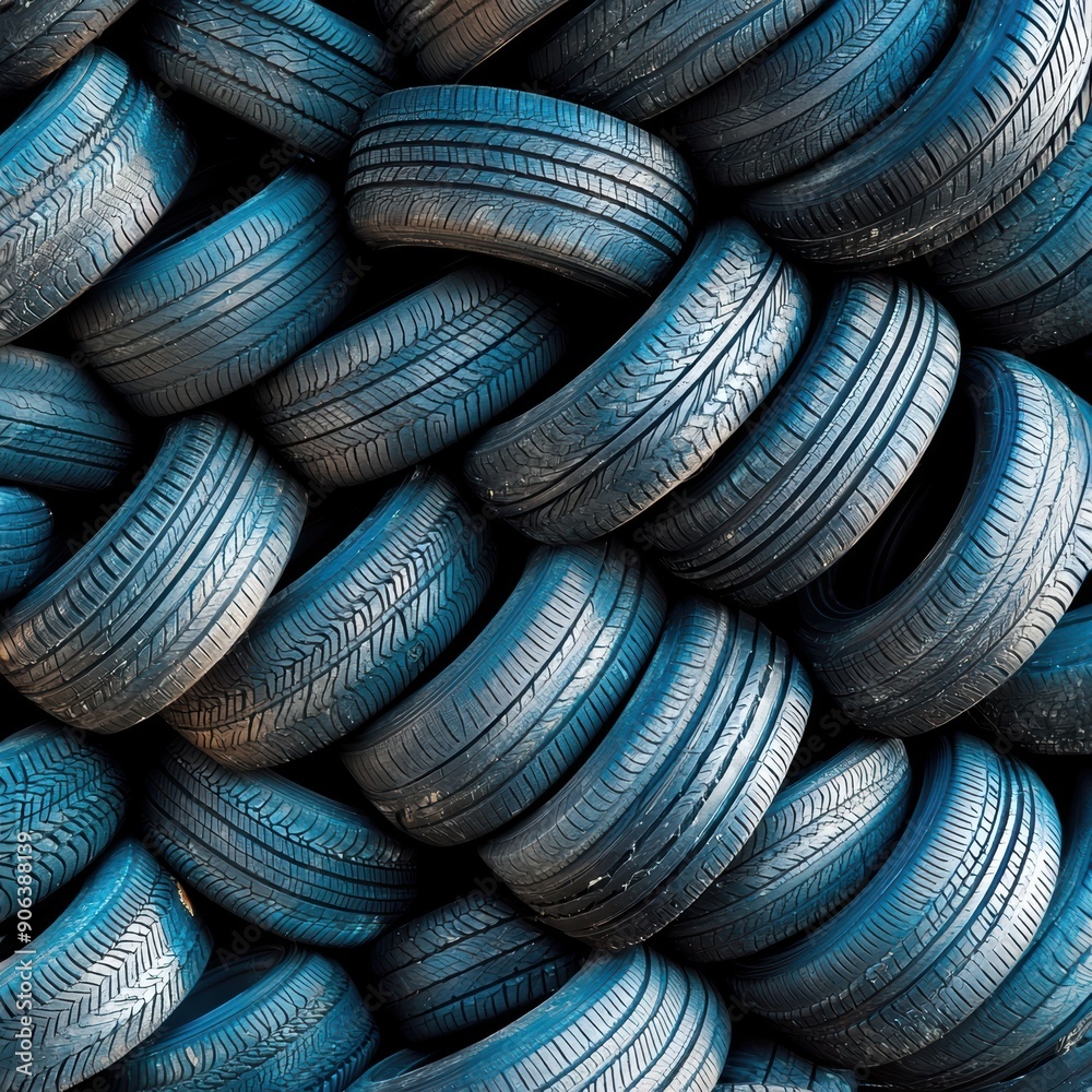 Stacked used car tires creating a textured background. The image shows ...
