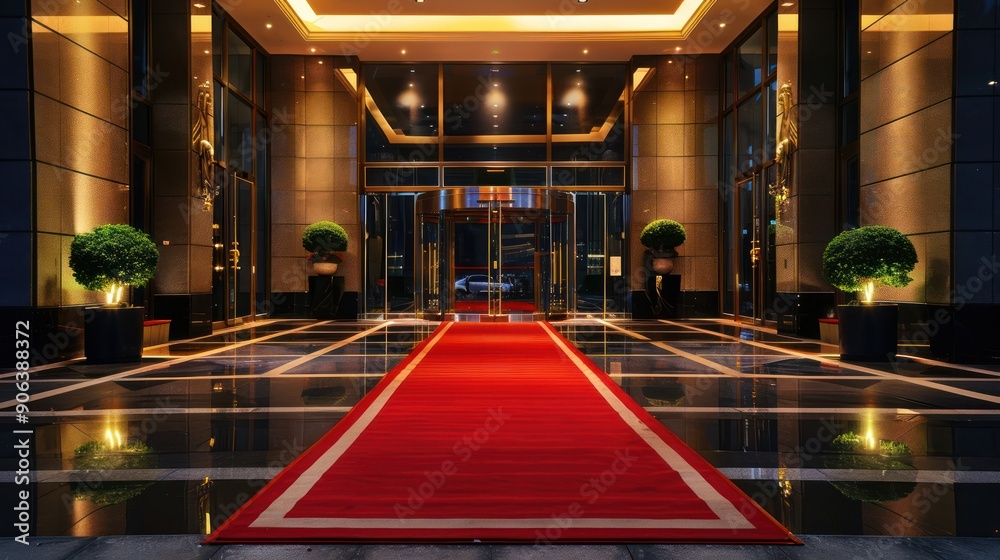 The grand entrance of a hotel with a red carpet and valet service ...