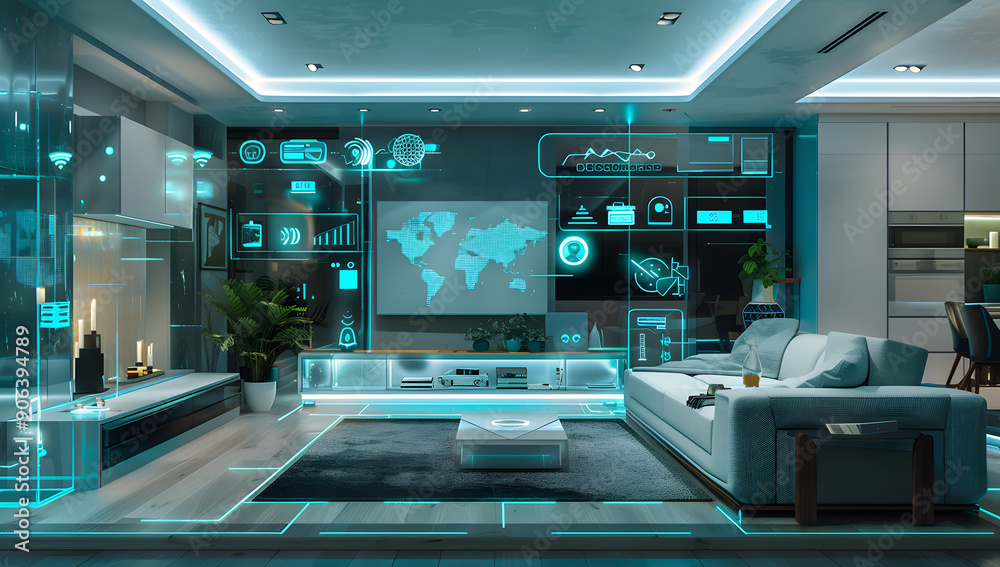 futuristic living room with a centralized AI command center controlling ...