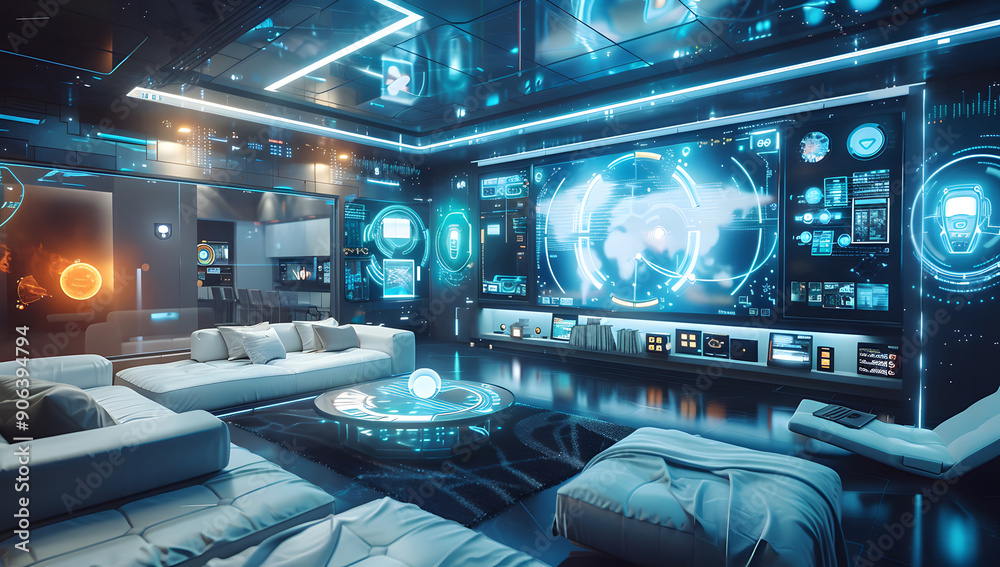 futuristic living room with a centralized AI command center controlling ...