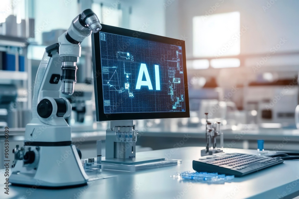Artificial Intelligence (AI) in a Laboratory Setting with a Robotic Arm and Microscope Stock ...