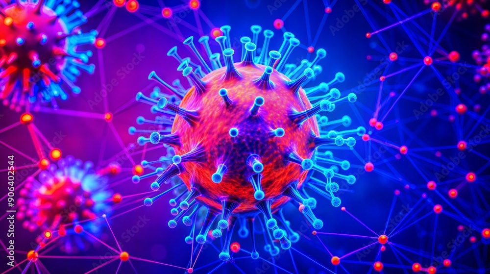 Red virus particle network medical science technology backdrop product ...