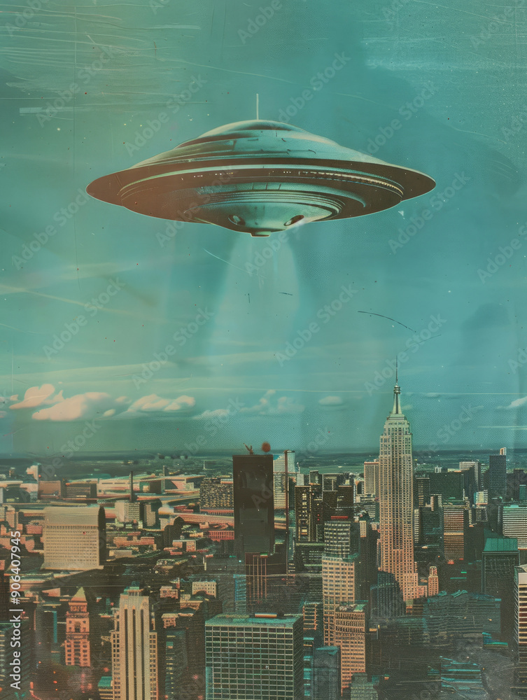Retro vintage color photograph movie poster dramatic UFO flying saucer ...