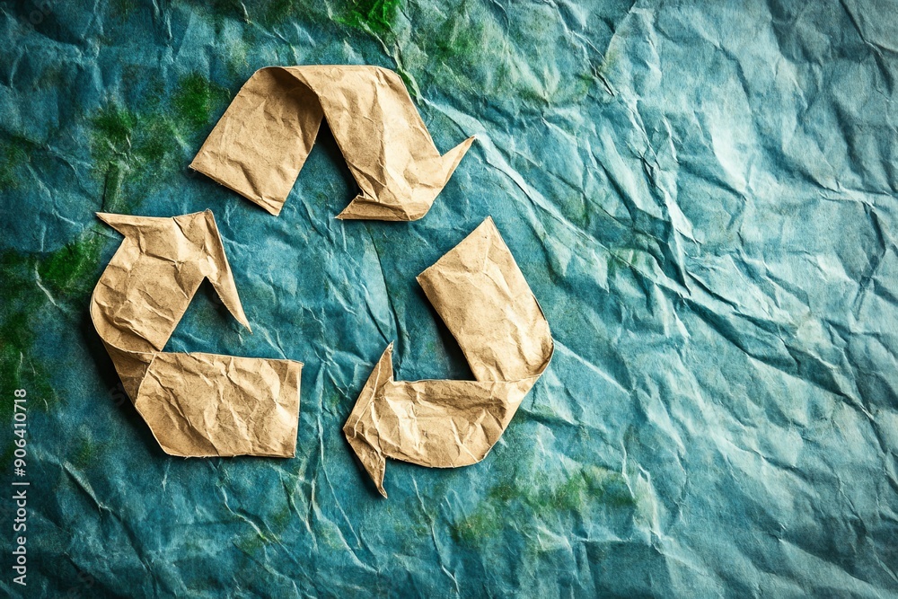 Paper recycling symbol on blue crumpled background symbolizing the ...