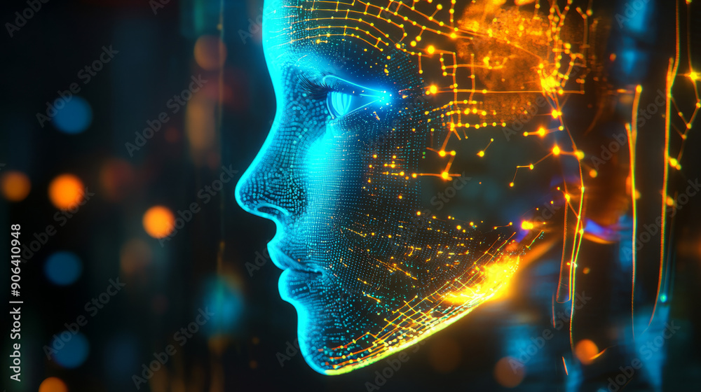 Side view of a female humanoid head with glowing eyes and vibrant neon ...