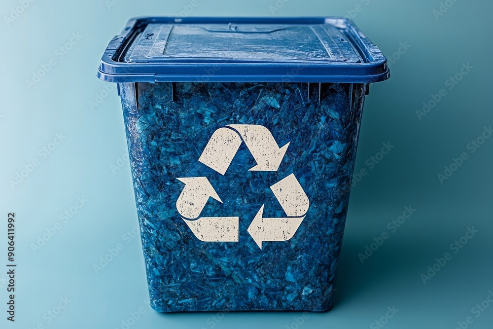 Transparent blue recycling bin filled with crumpled paper promoting ...