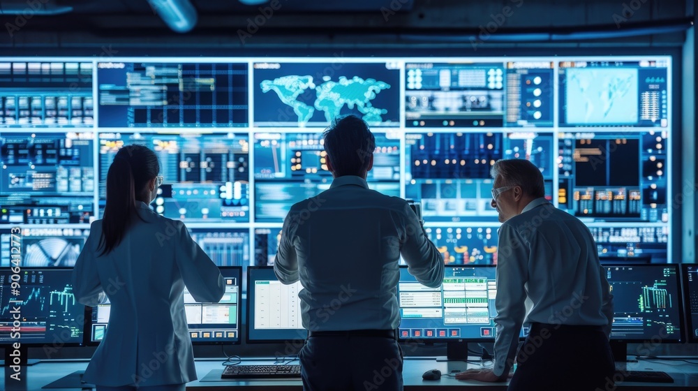 Engineers analyze data on large monitors in a high-tech control room. Multiple screens display ...