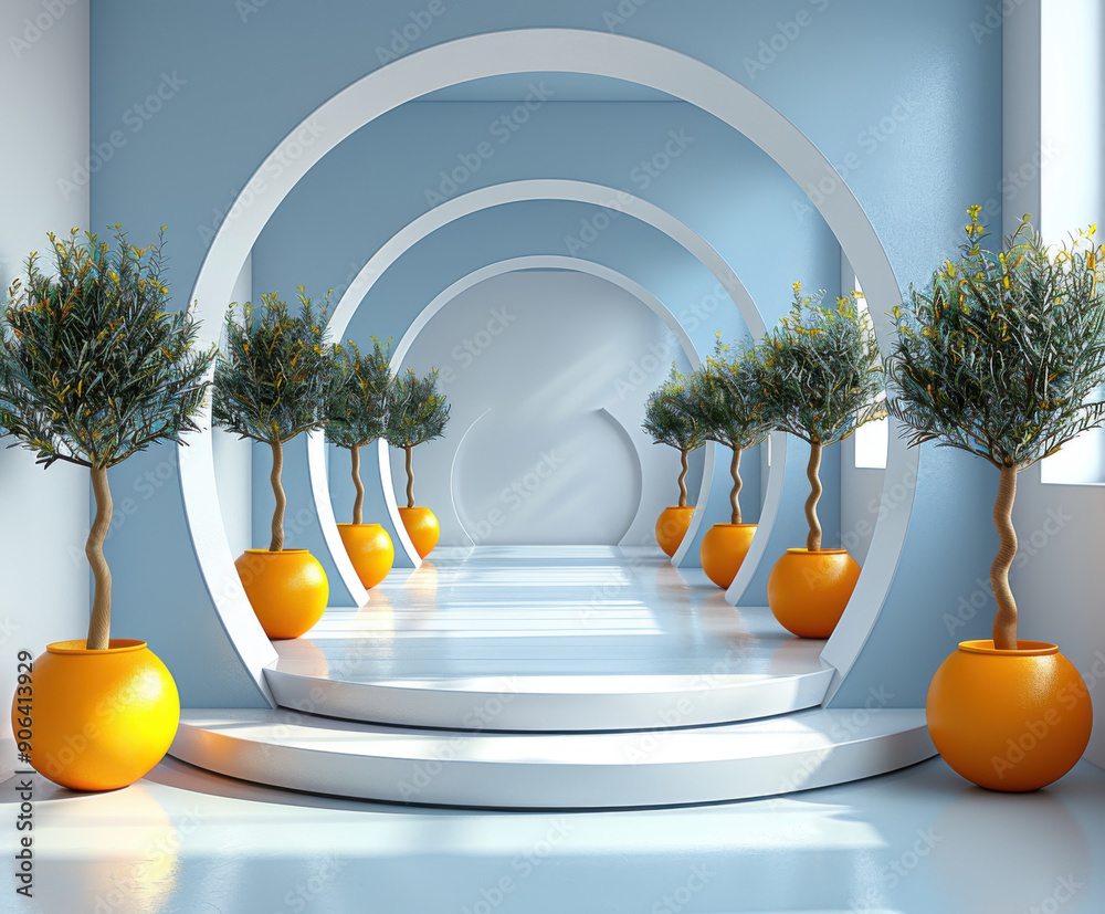 Minimalist Interior Design with Circular Arched Hallway and Potted ...