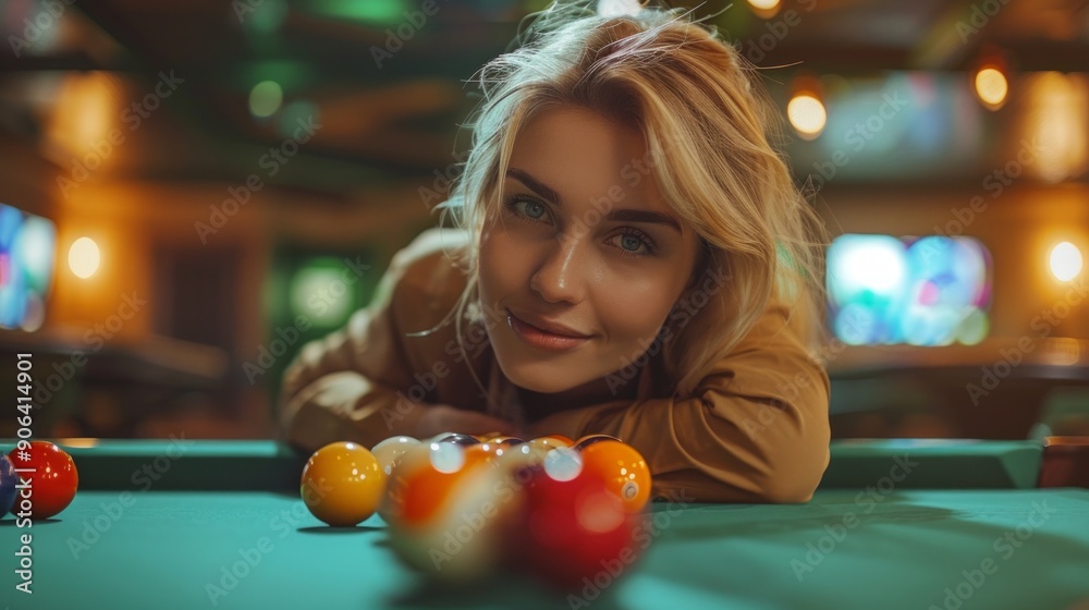 A blonde woman with blue eyes leans on a pool table with billiard balls ...