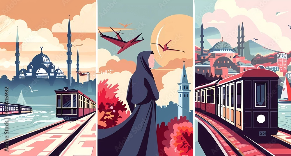This bottom up vector poster set of Istanbul has three vertical panels ...