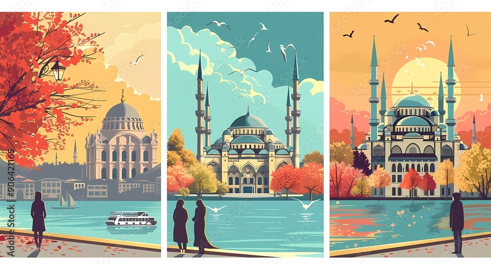 This bottom up vector poster set of Istanbul has three vertical panels ...