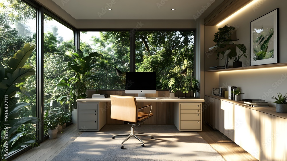 home office settings , Nature-Inspired Office: A desk positioned near a ...