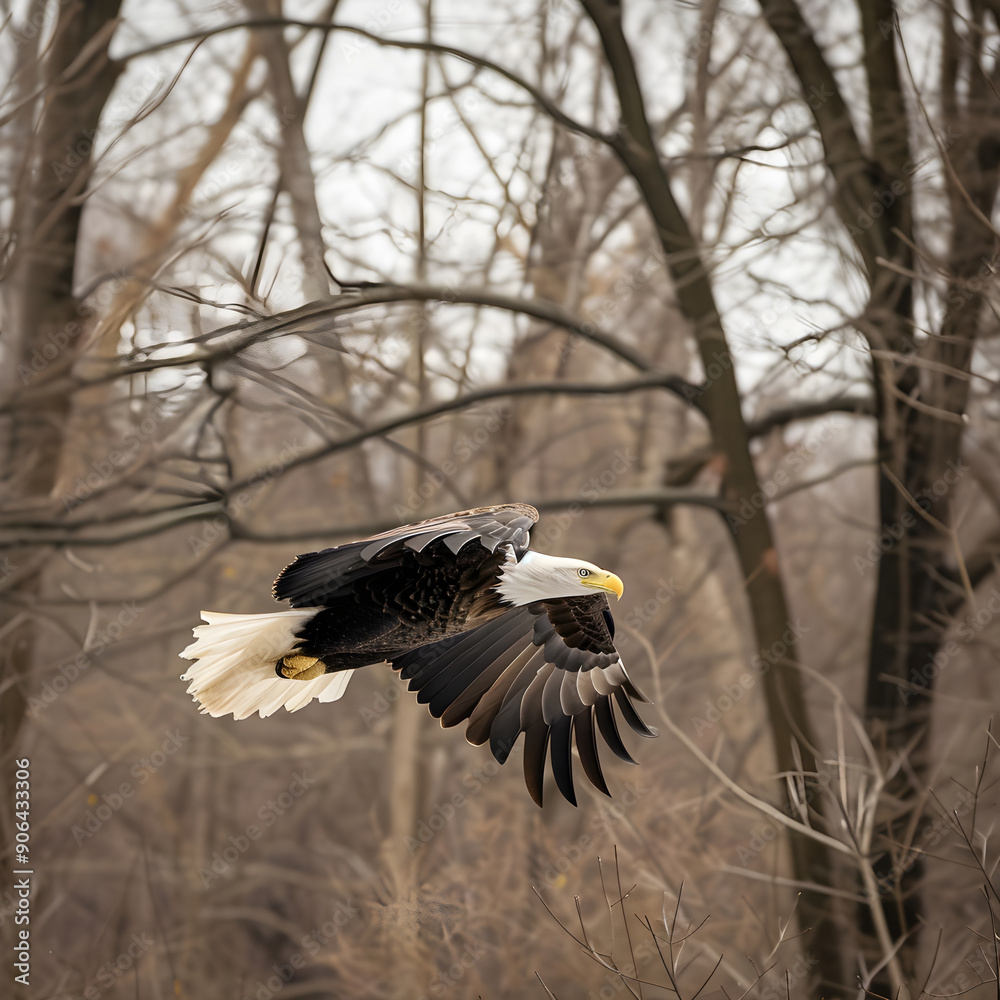 Majestic bald eagle is flying through the bare trees of a forest in the ...