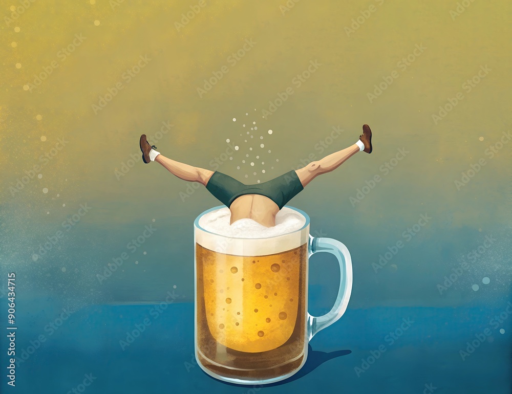 Man dives into big mug of foam beer like a swimming pool. Joke picture ...