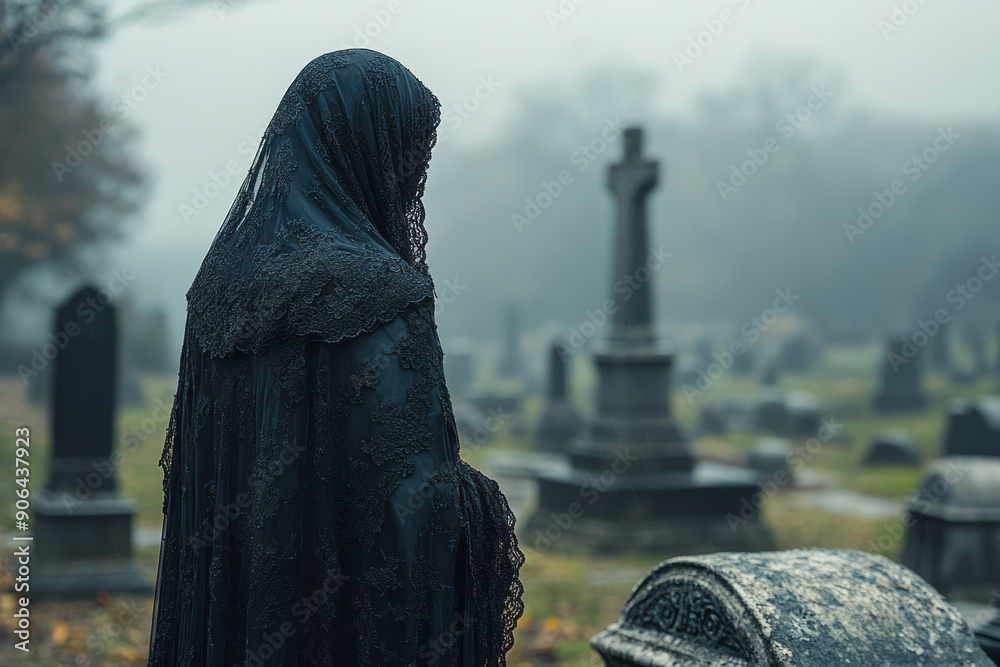 Minimalist image of a widow dressed in a black lace veil, standing ...