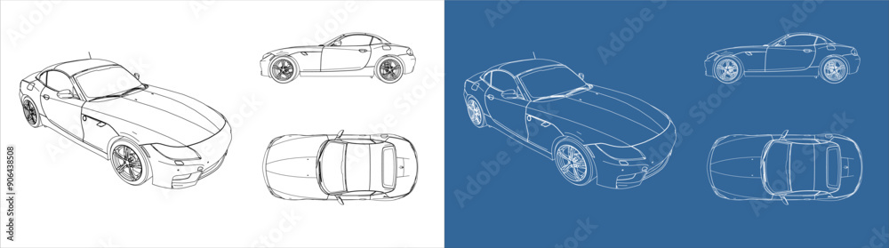 set sport car line draw blueprint from all view top corner side back ...